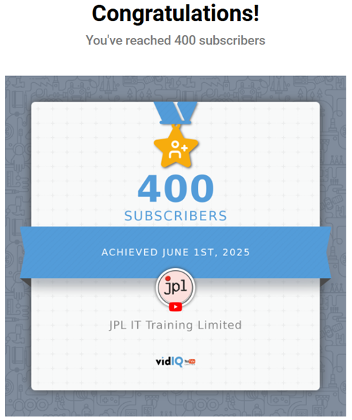 400 Subscribers on YouTube News | JPL IT Training Ltd